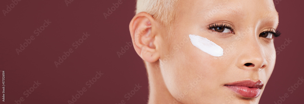 Skincare, beauty and portrait of woman with cream on face, cosmetics ...