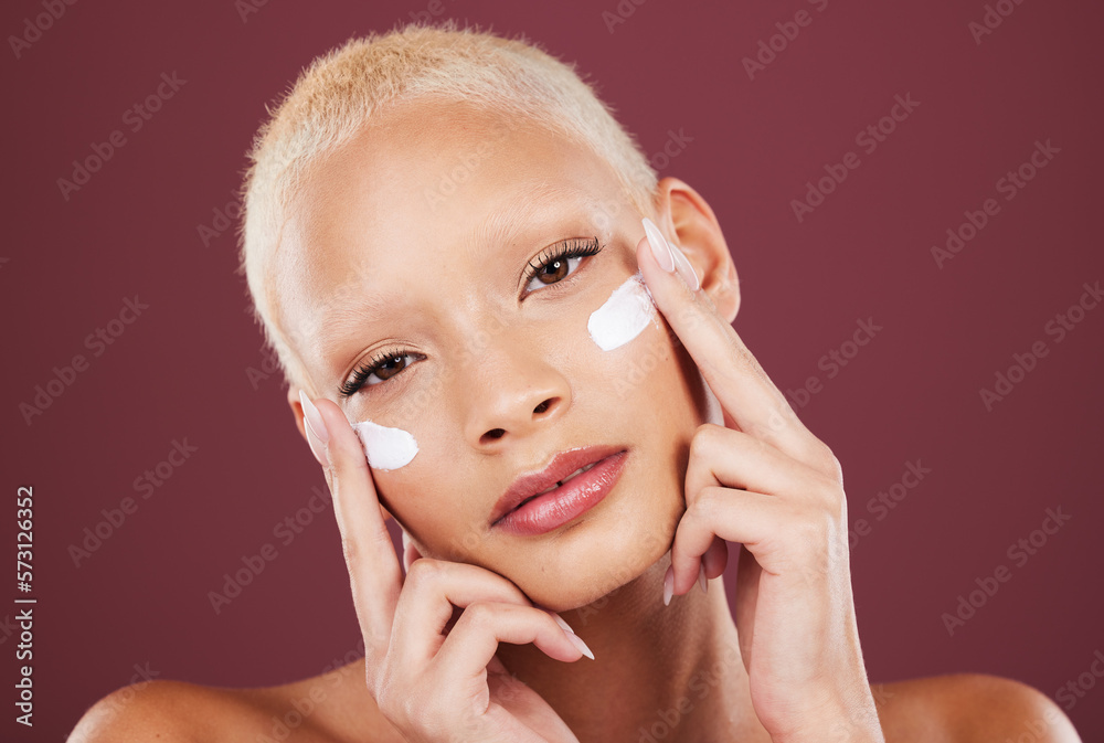 Skincare, beauty and portrait of woman with hands and lotion on face ...