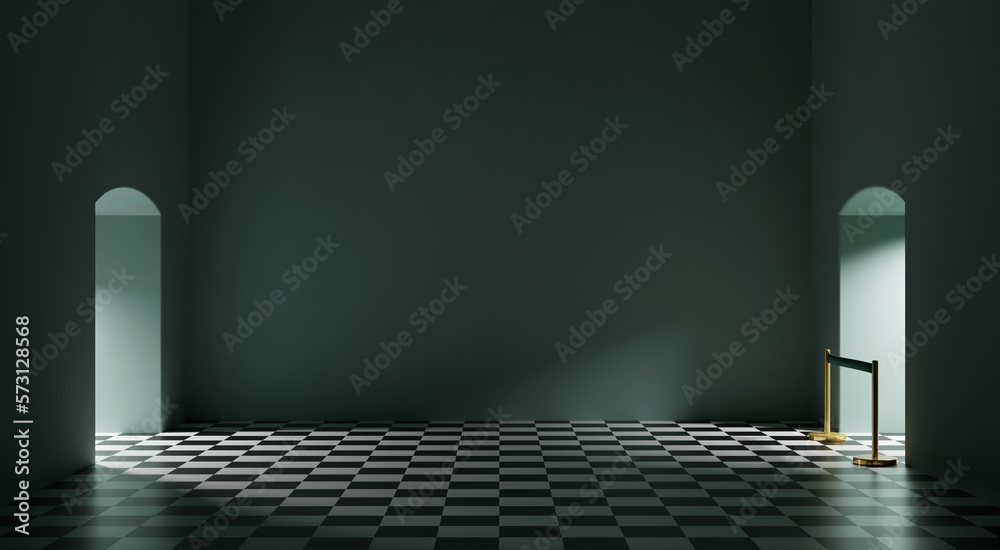 Empty room with checkered floor and two doors. One door closed with door barrier. Dark room with ...