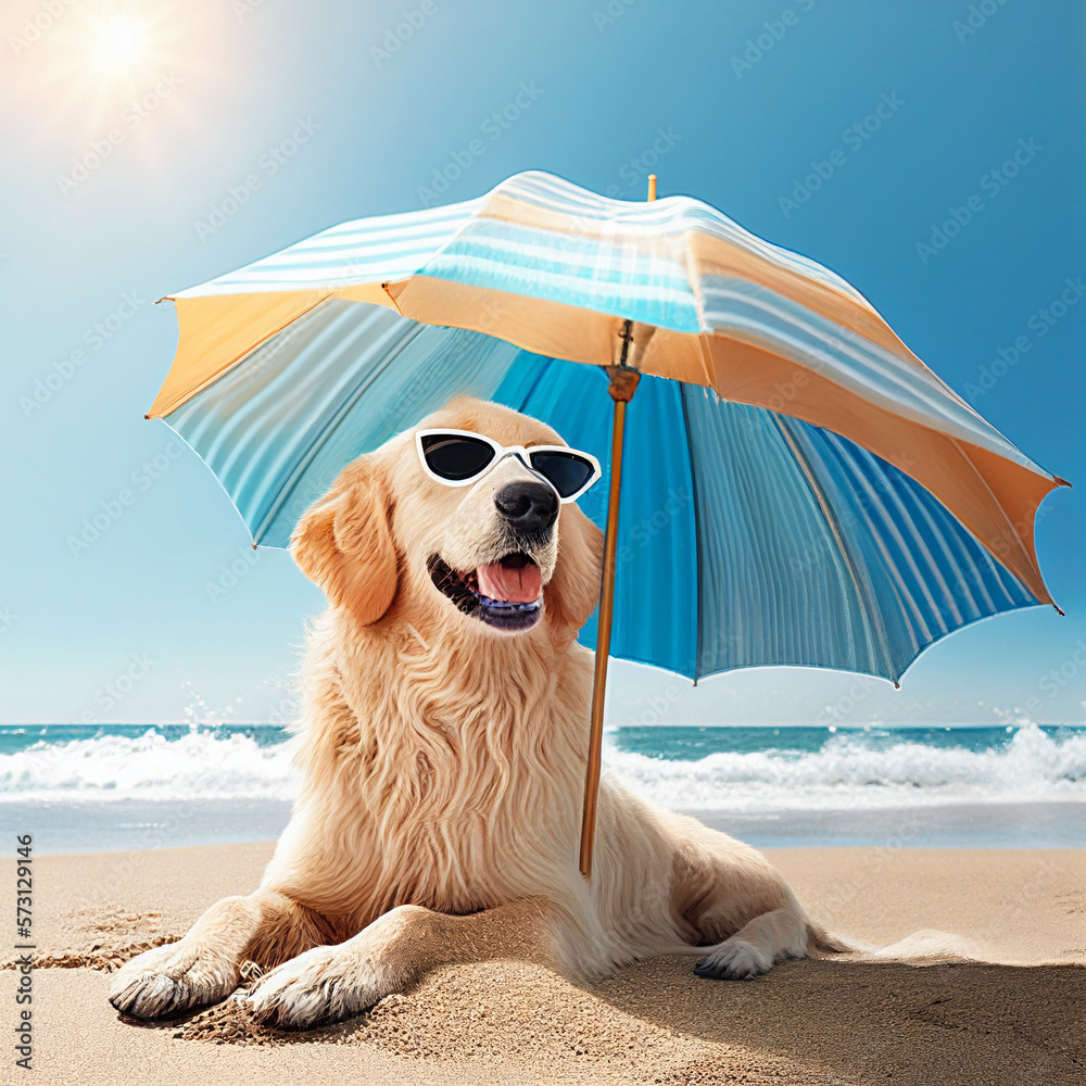 Golden retriever dog in sunglasses on the beach sitting under a parasol ...
