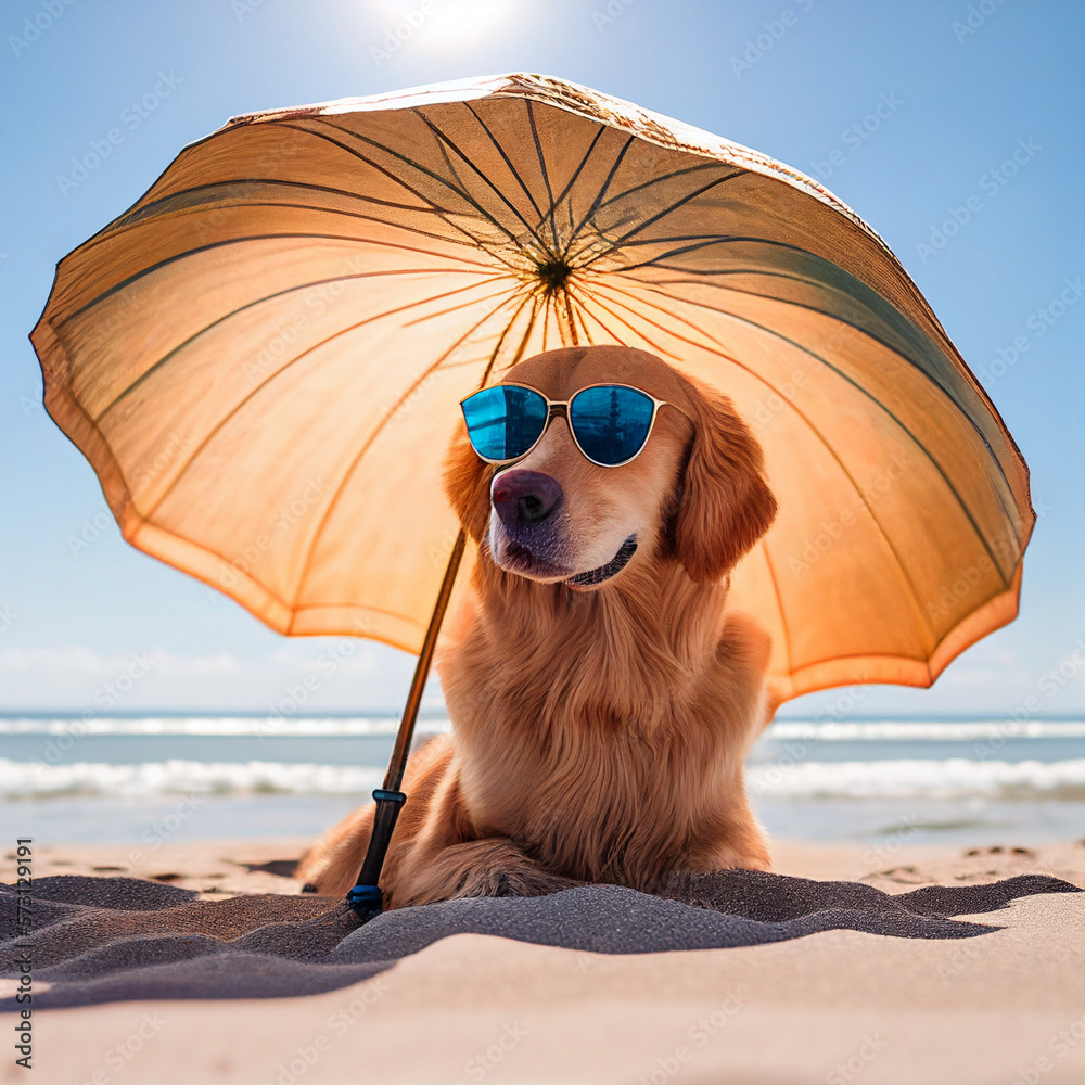 Golden retriever dog in sunglasses on the beach sitting under a parasol ...