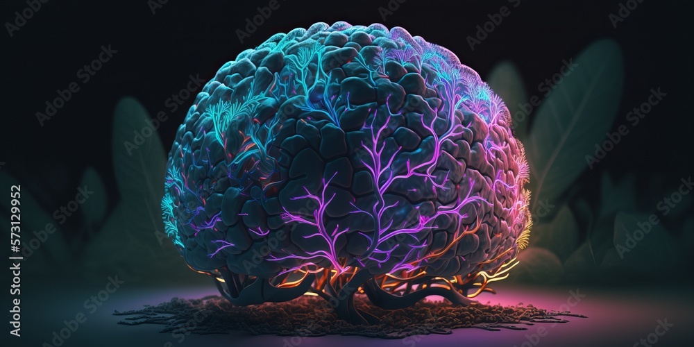 Enchant brain AI. Neon light, thinking process. AI generation. Stock ...