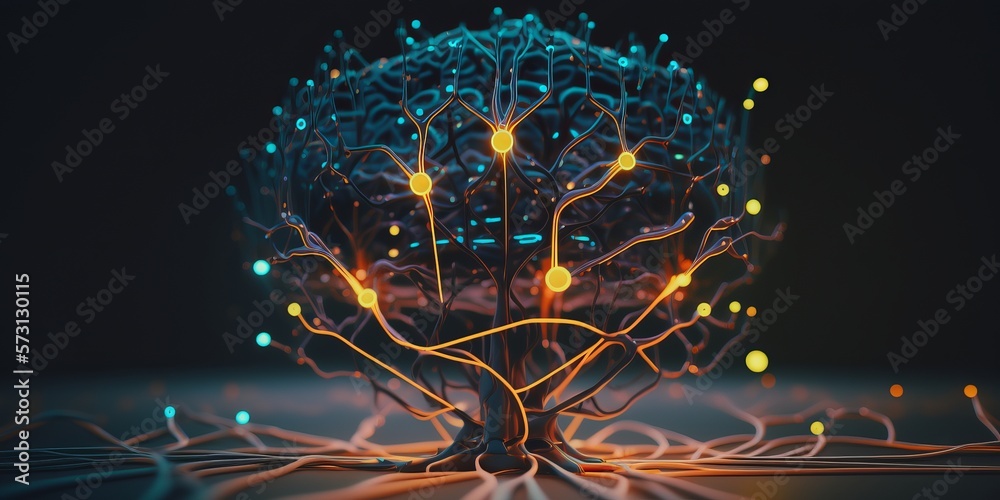 The bewitching brain of artificial intelligence. Neon light, thinking ...