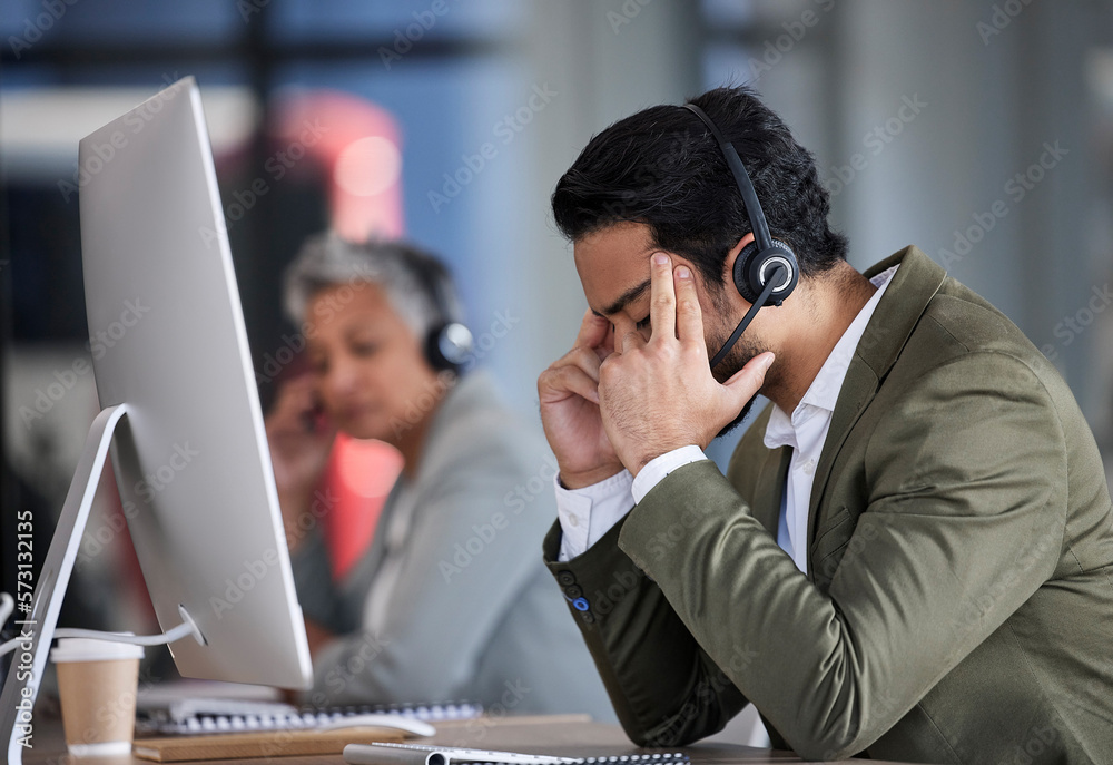 Stress, customer service and a man consultant working in a call center ...