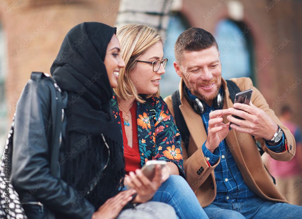 Fotka „Friends, diversity and happy people with phone communication and ...