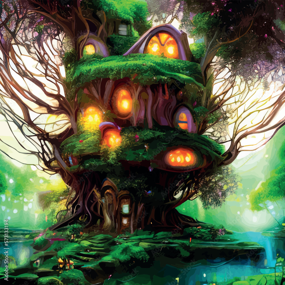 Fairy-tale house in a tree with a roof intertwined. Square flat cartoon ...