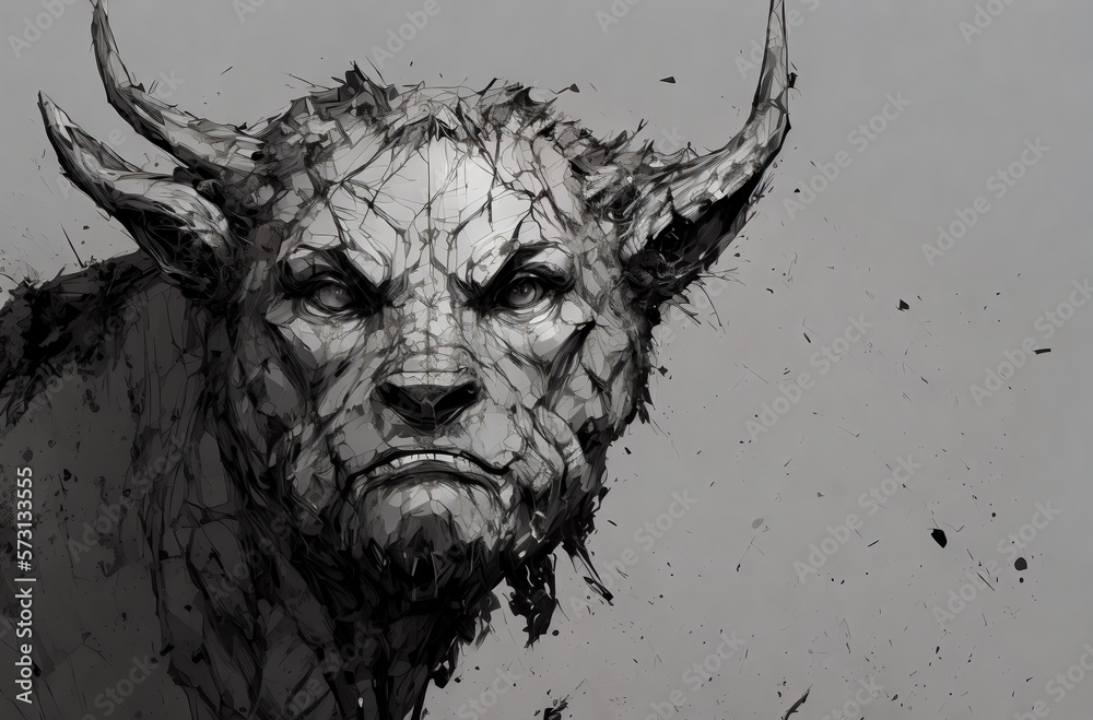 Portrait of terrifying minotaur. Fantastic creature. Fabulous bull with ...
