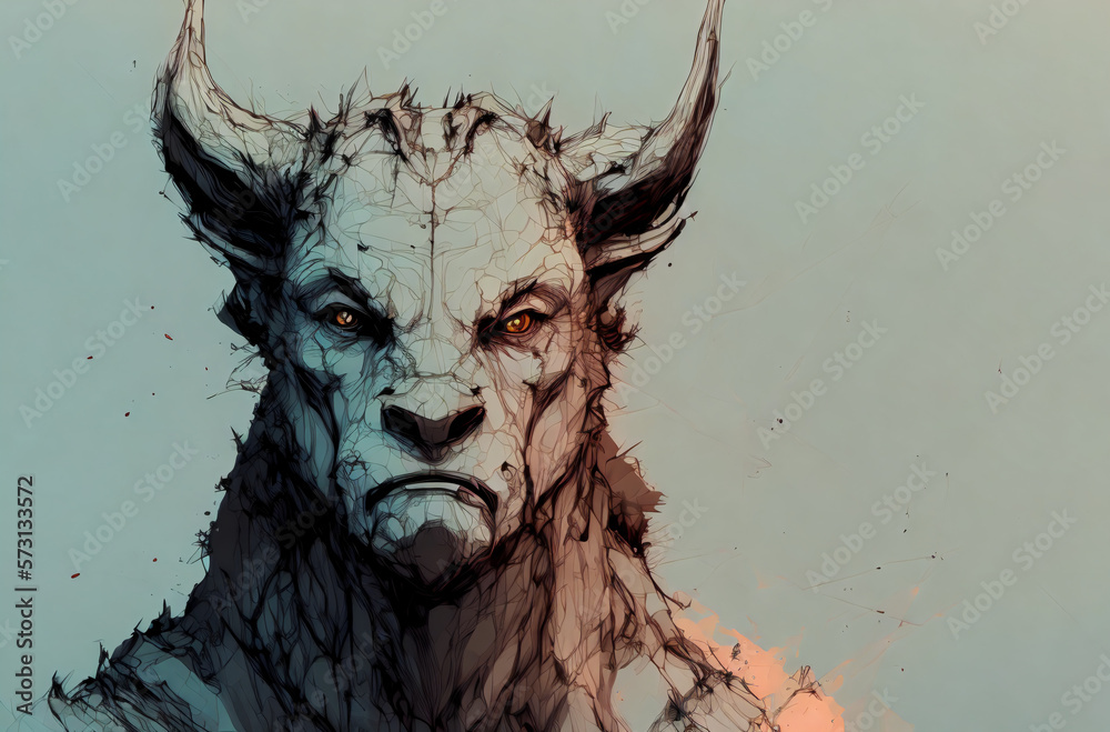Portrait of terrifying minotaur. Fantastic creature. Fabulous bull with ...