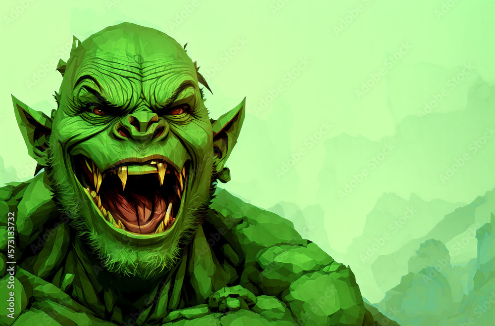 Portrait of terrifying green monster screaming. Fantastic creature. Orc ...