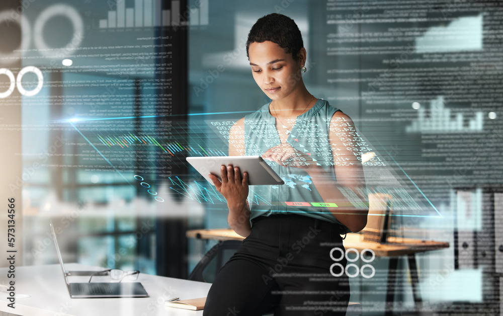 Black woman with tablet, erp overlay and charts, innovation in research ...