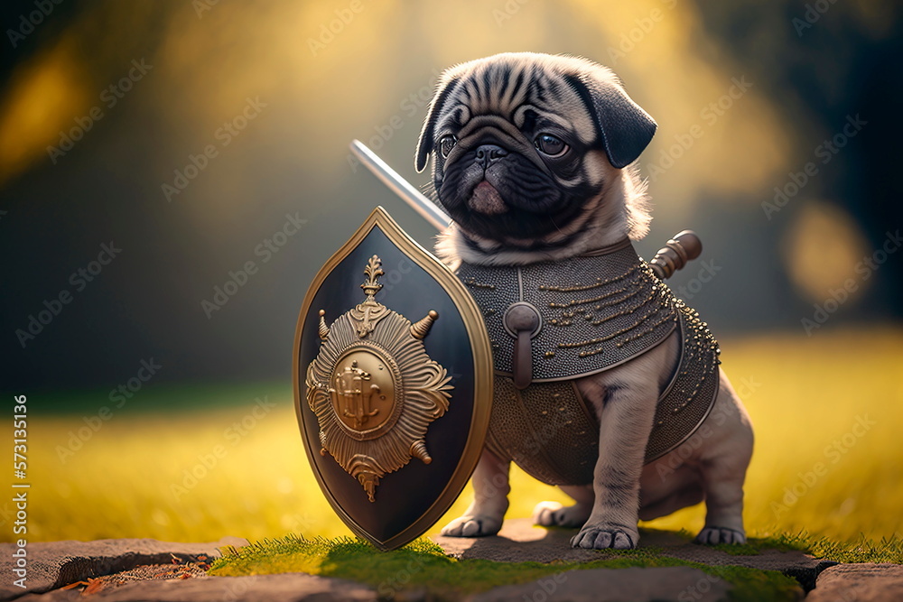 Cute pug knight character concept with sword and shield in ancient ages ...