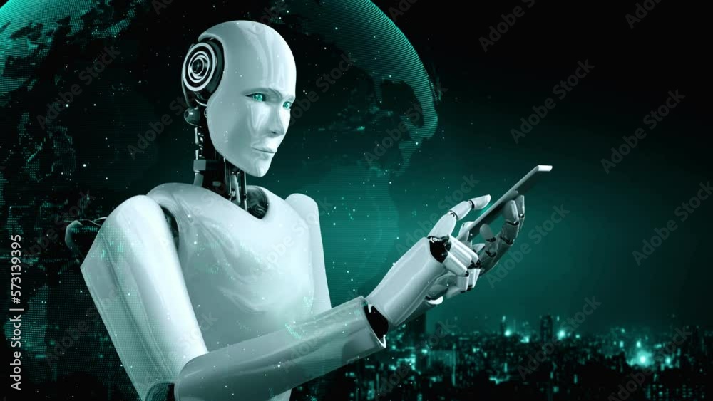 Robot hominoid use mobile phone or tablet for global network connection ...