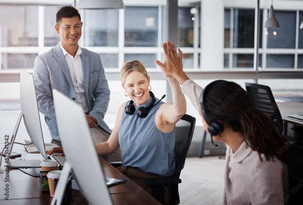 Customer support high five, consulting or team celebrate telemarketing ...