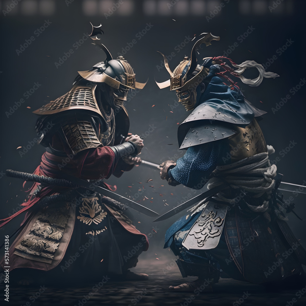 In the photo, two fierce samurais are engaged in a dramatic battle ...