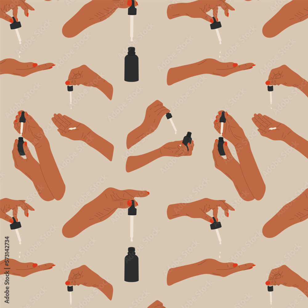 Seamless Pattern with Female hands holds pipette for skincare with oil ...