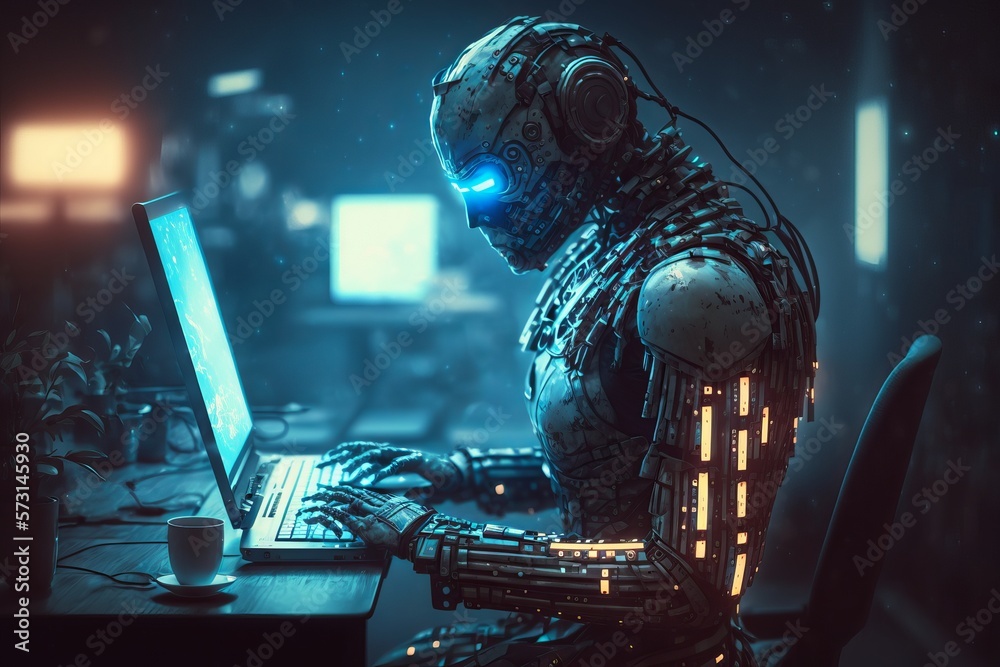 Ai Robot working with computer. Futuristic Humanoid worker. Generative ...