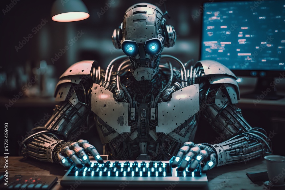 Ai Robot working with computer. Futuristic Humanoid worker. Generative ...