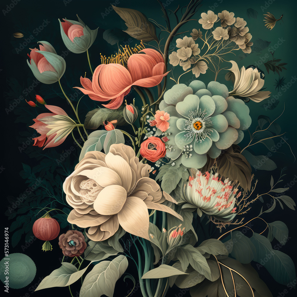 A vintage-inspired wallpaper design featuring a beautiful fantasy ...