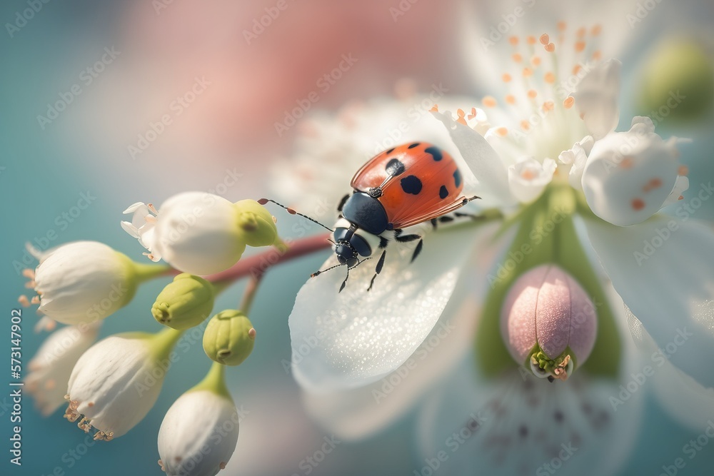 Spring time: close-up picture of red ladybug on the blossoming cherry ...