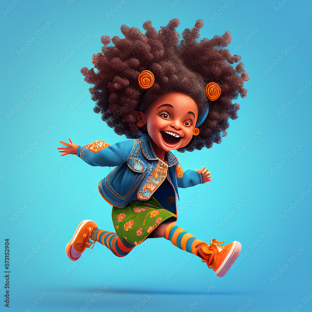 3d cartoon character cute girl child beautiful african afro hair ...