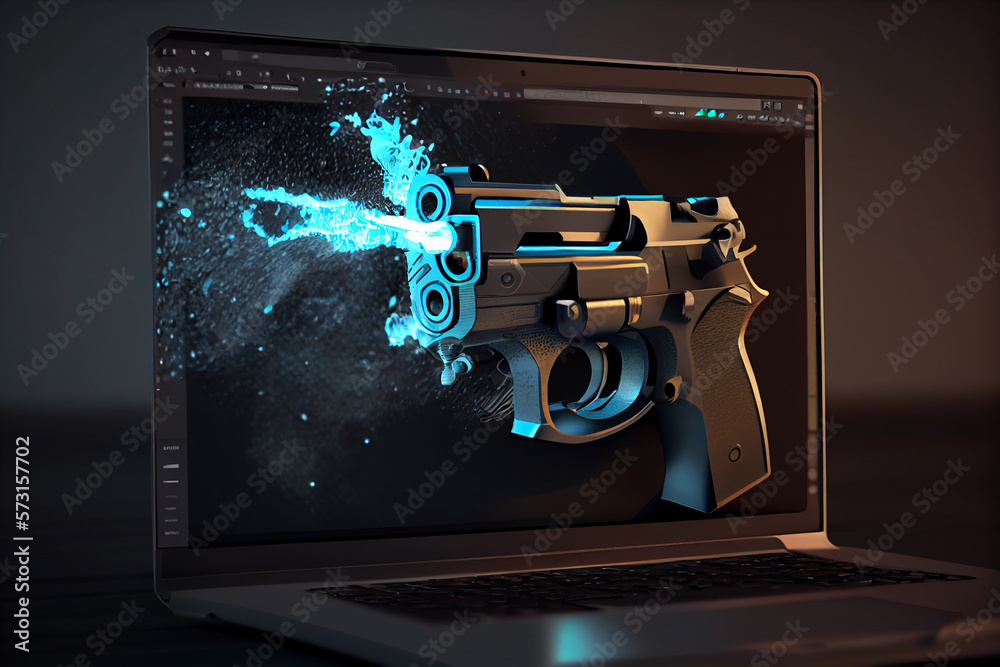 Illustration of gun and laptop. Cyber crime, hacker, ransomware, online ...