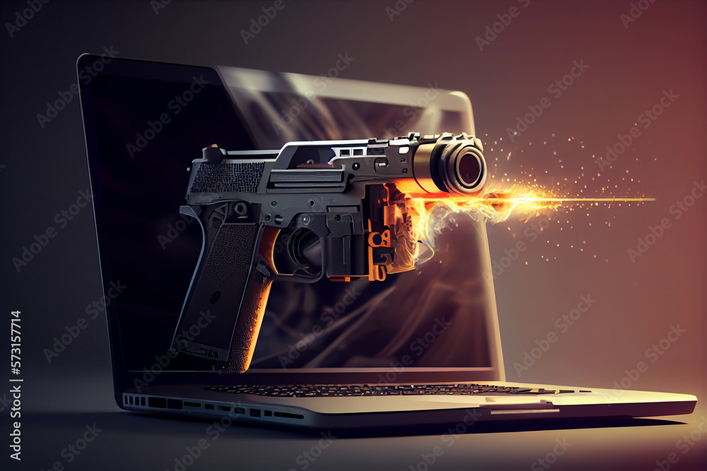 Illustration of gun and laptop. Cyber crime, hacker, ransomware, online ...