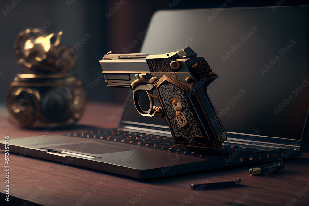 Illustration of gun and laptop. Cyber crime, hacker, ransomware, online ...