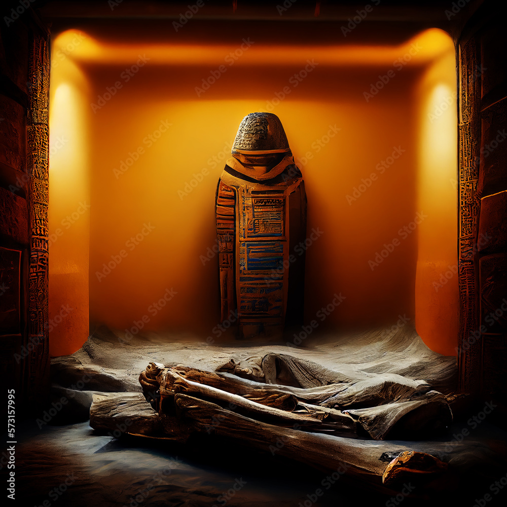 Sarcophagus with an Egyptian mummy inside an ancient pyramid. AI ...