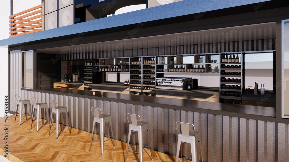 8k 3d rendering illustration container 40ft 40 feet of kiosk, cafe, bar ...