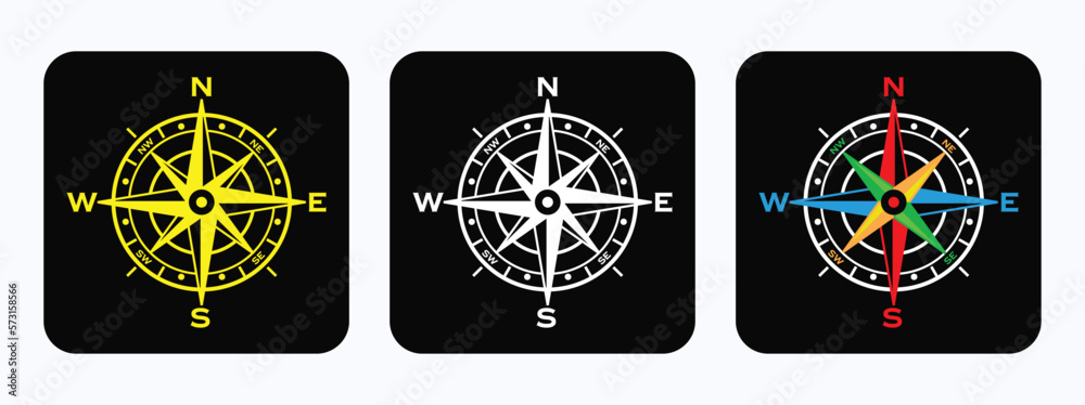 Compass vector set isolated on black background with three color ...