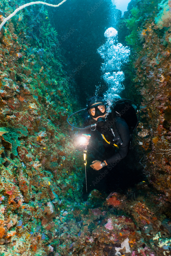 Male scuba diver exiting underwater canyon at Komodo Island in ...