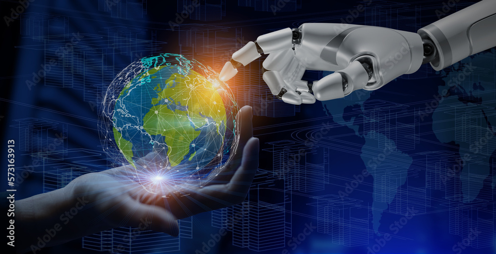 3D rendering of robot hand vs human hand touching digital world and ... 3D rendering of robot hand vs human hand touching digital world and ...