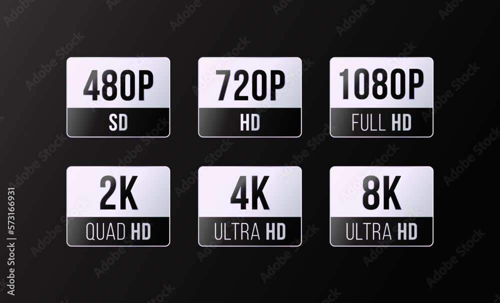 Vetor de 480p, 720p, 1080p, 2k, 4K, 8k Ultra HD logos with HDR mention ...