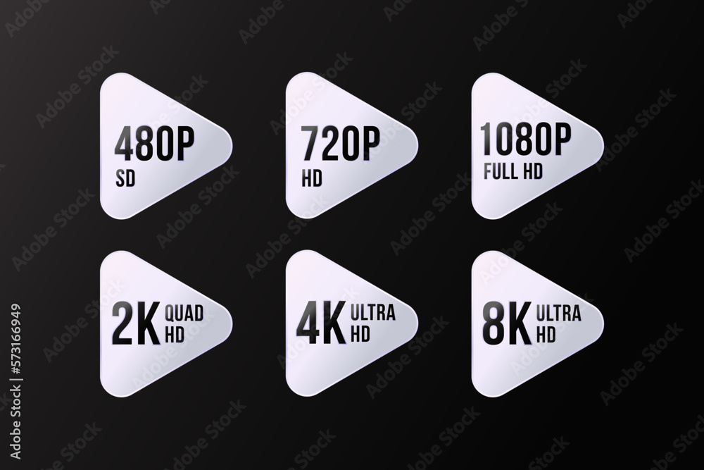 480, 720, 1080, 2k, 4K, 8k Ultra HD logos with HDR mention, video HDTV ...