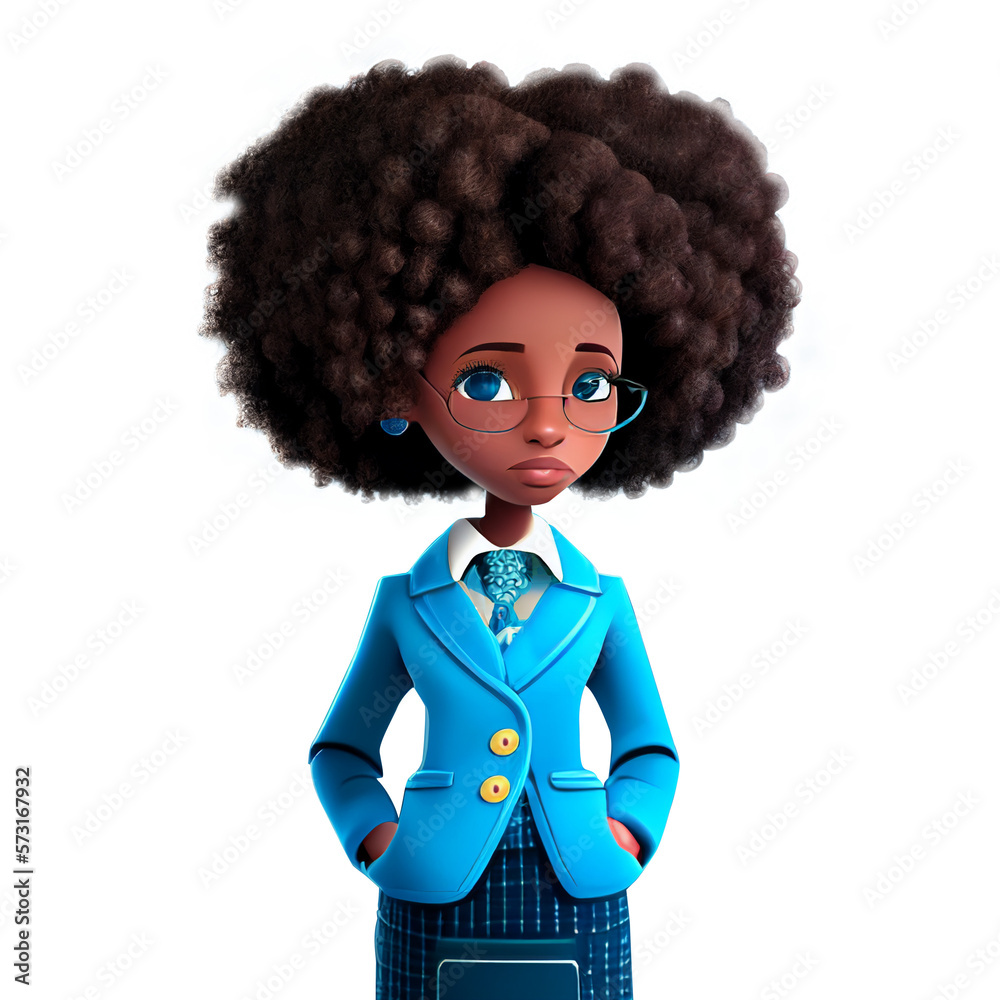 3d cartoon character cute student girl beautiful african afro hair ...