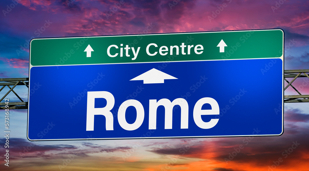 Road sign indicating direction to the city of Rome Stock Photo | Adobe ...