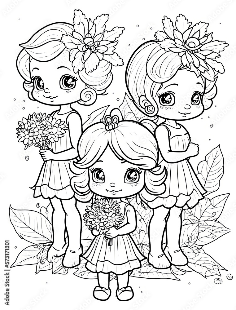 Cute animal, flower, fairies coloring page. Gnerative AI Stock ...