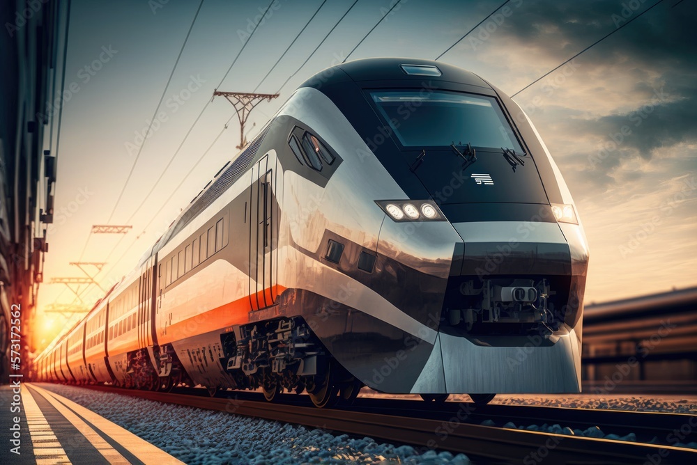 Front view of fast moving modern passenger train on railway platform at ...