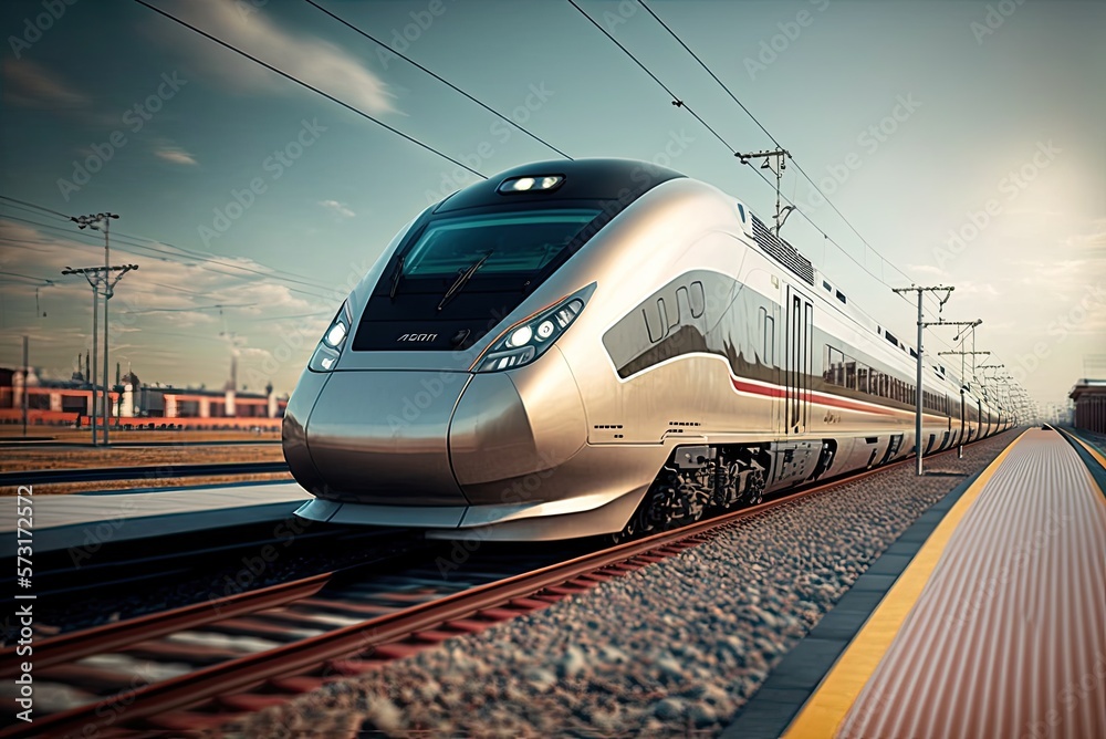 Front view of fast moving modern passenger train on railway platform at ...
