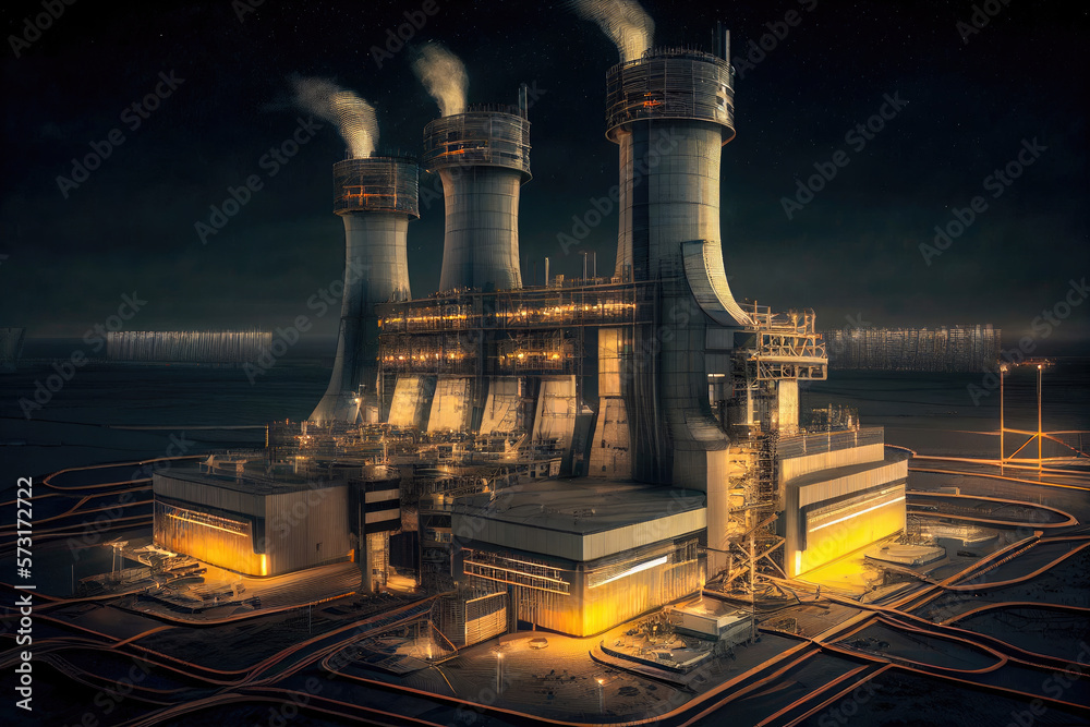 Night View of the Pressurized water reactor type nuclear power plant ...