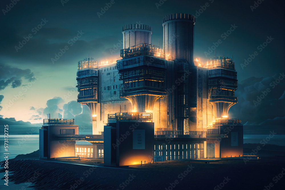 Night View of the Pressurized water reactor type nuclear power plant ...
