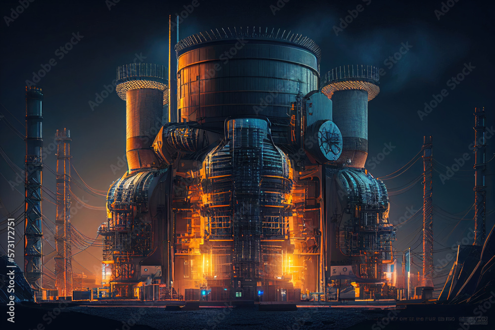 Night View of the Pressurized water reactor type nuclear power plant ...