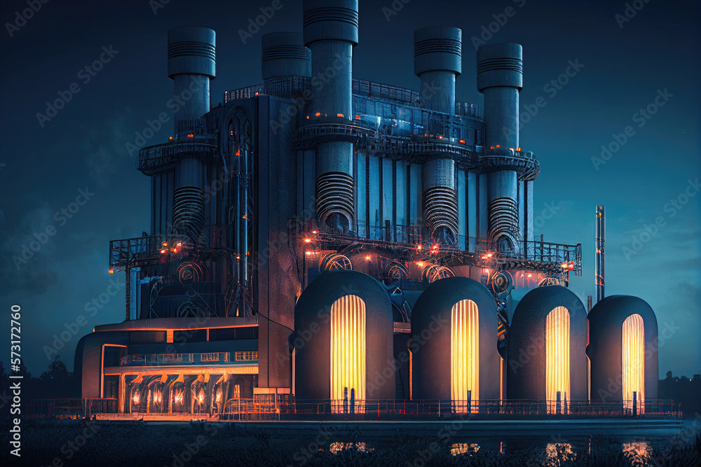 Night View of the Pressurized water reactor type nuclear power plant ...