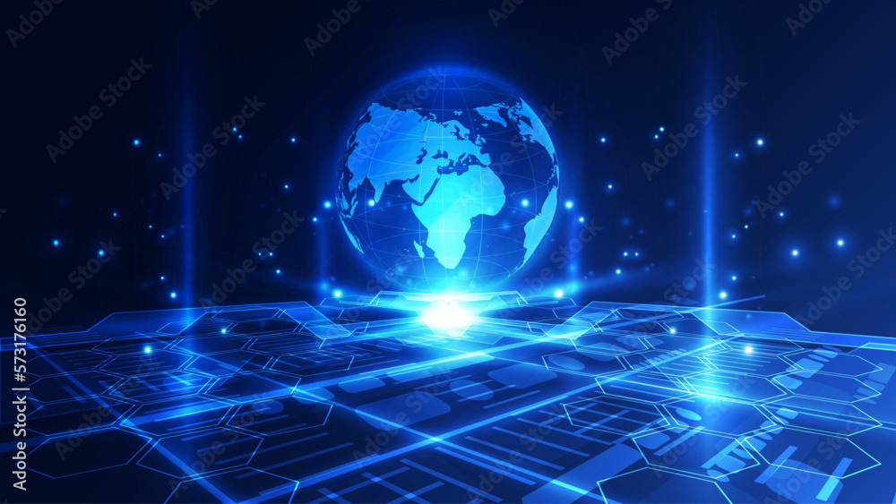 Abstract technology background with world map and glowing lights ...