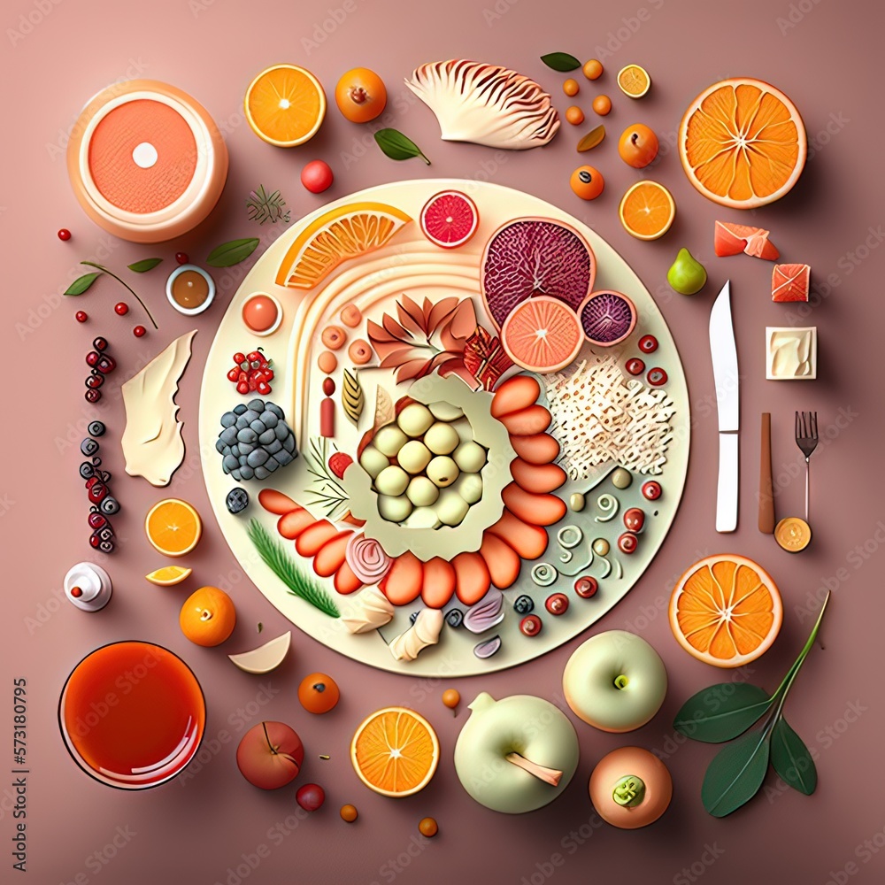 Attractive food compositions on a beige background. Proper nutrition ...