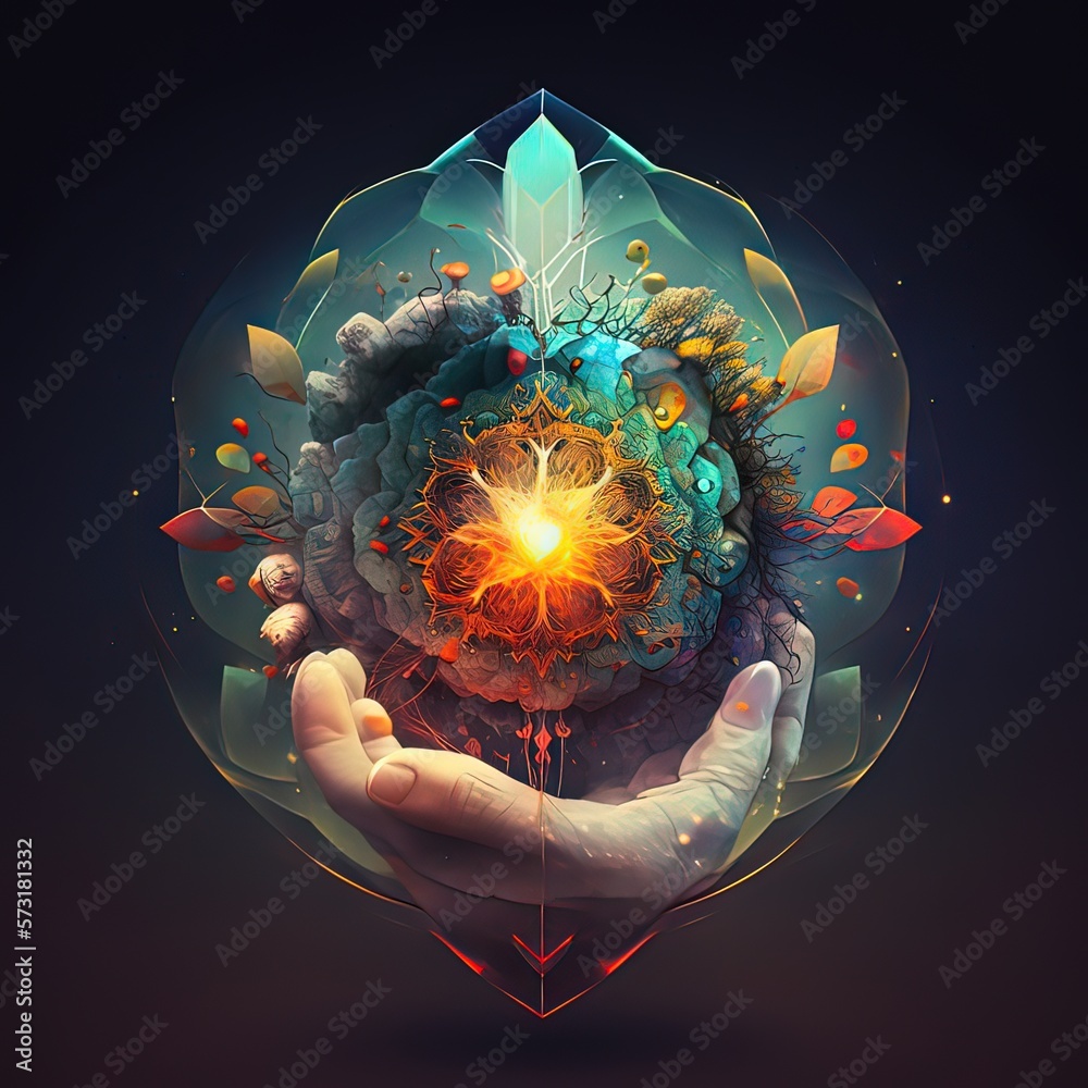 Hand with a magical flower on a blue background. Magic, enchanter ...