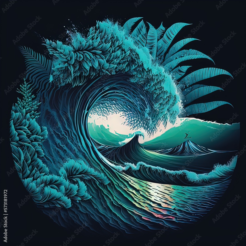 Surfing wave on a dark background. Blue shades, tropical theme, hand ...
