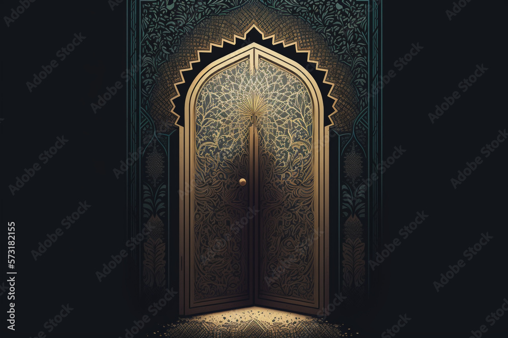 a minimalist yet intricate illustration of a mosque door, with subtle ...