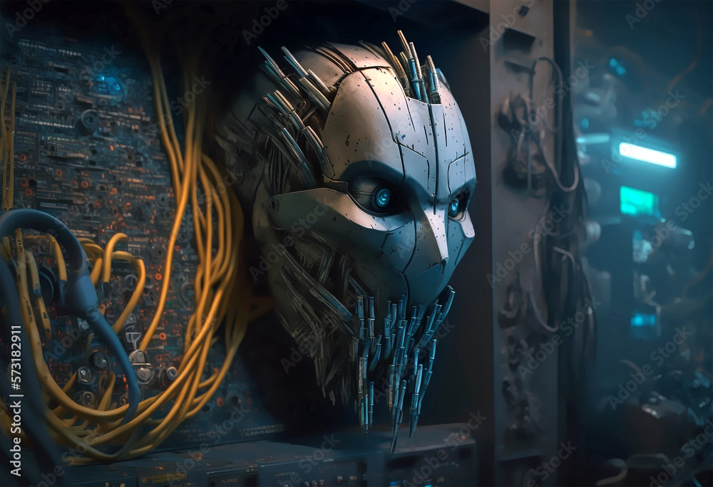 cyber face coming out of the computer generative ai illustration Stock ...