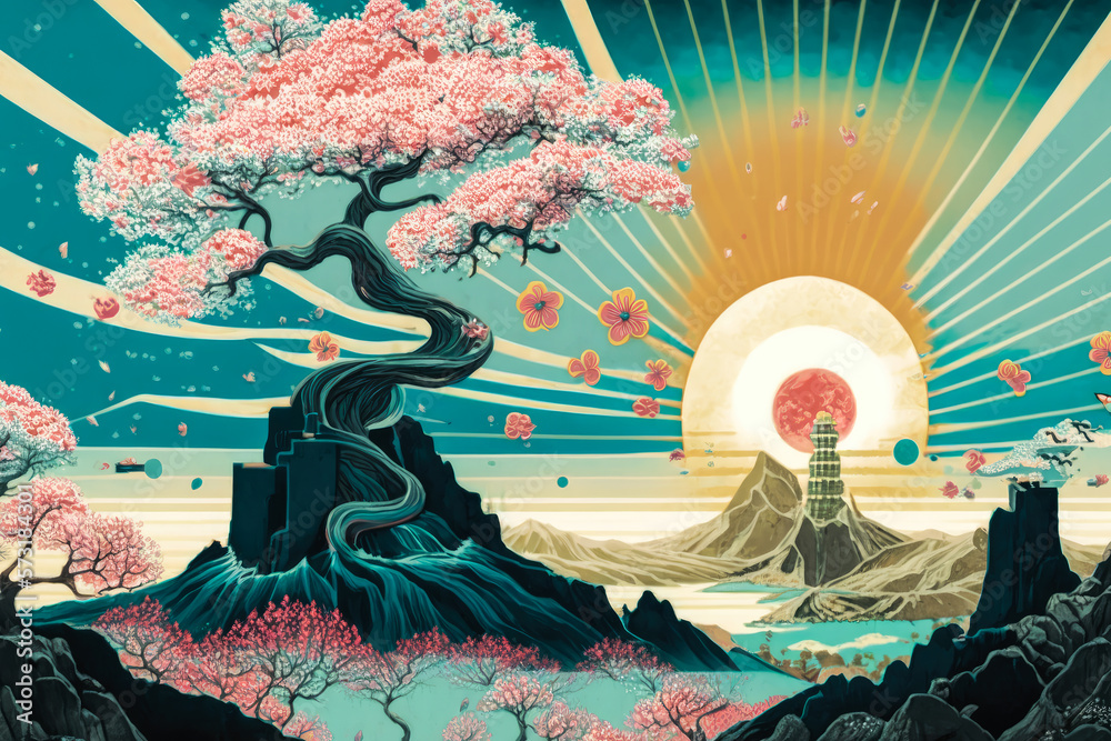 fantasy sakura bonsai tree with cherry blossom on a rock formation ...